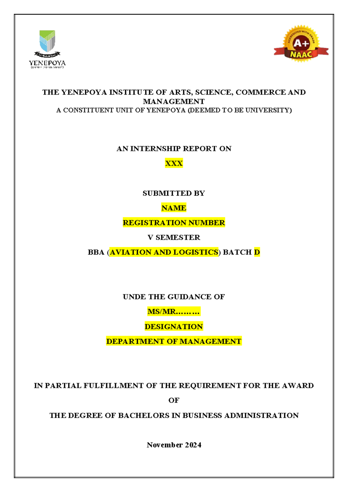 Internship Report First Page - THE YENEPOYA INSTITUTE OF ARTS, SCIENCE ...