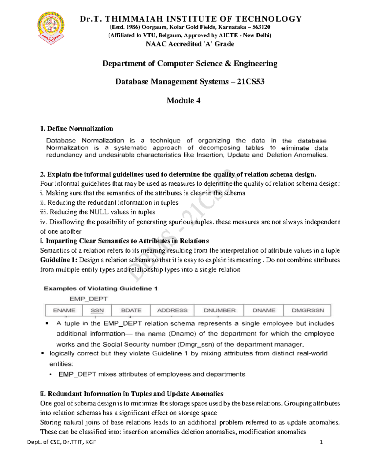 DBMS Module 4 Questions with Answers - Dr. THIMMAIAH INSTITUTE OF TECHNOLOGY (Estd. 1986 ...