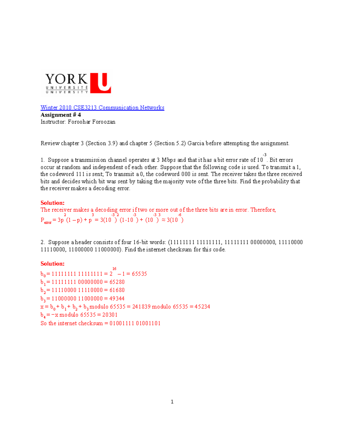 Assignment 4 w2010 solutions - Winter 2010 CSE3213 Communication ...