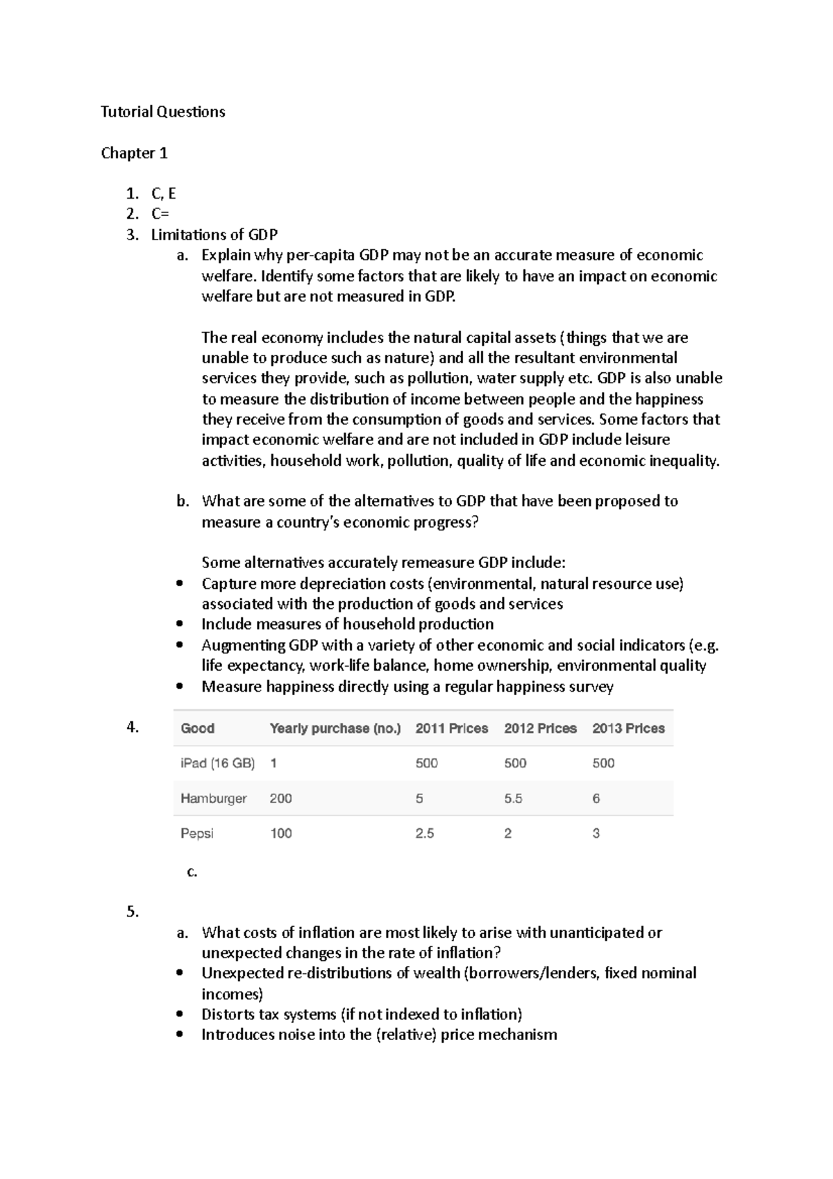 ECON1102 Tutorial Questions - Tutorial Questions Chapter 1 C, E C ...