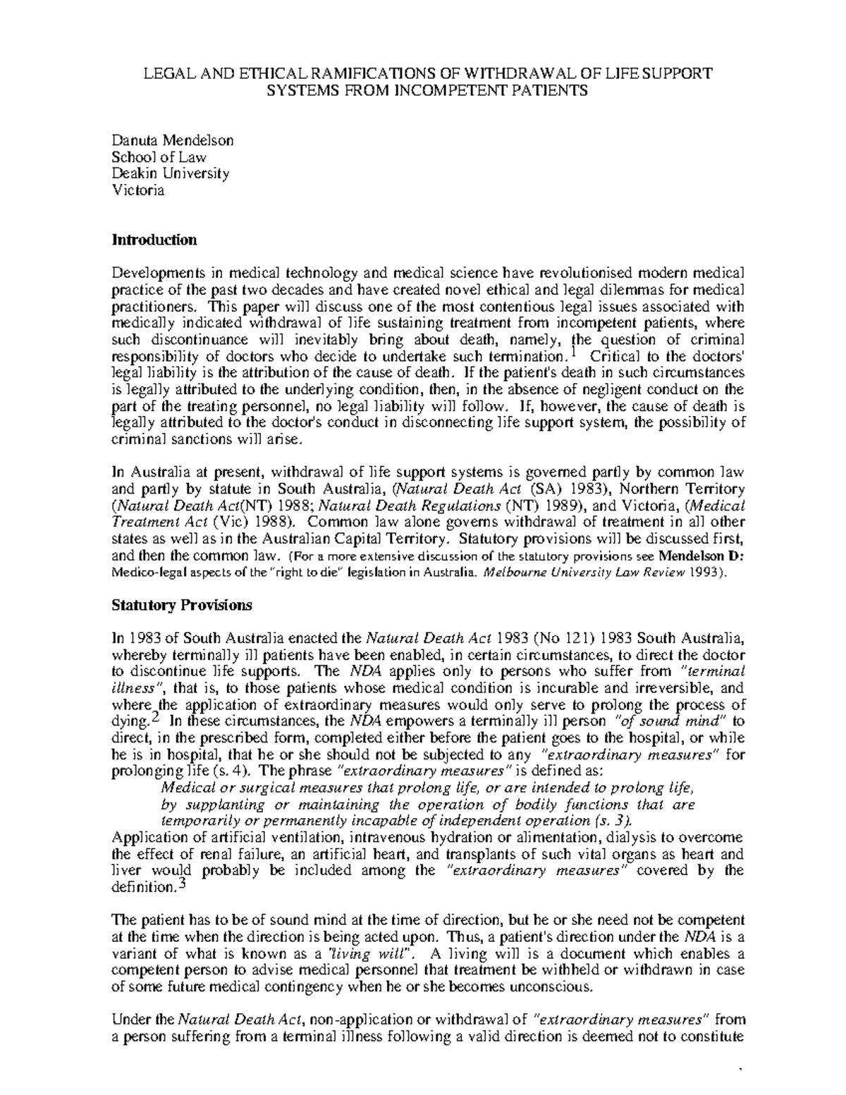 Mendleson Legal and Ethical Implications of Withdrawal of Life Support ...