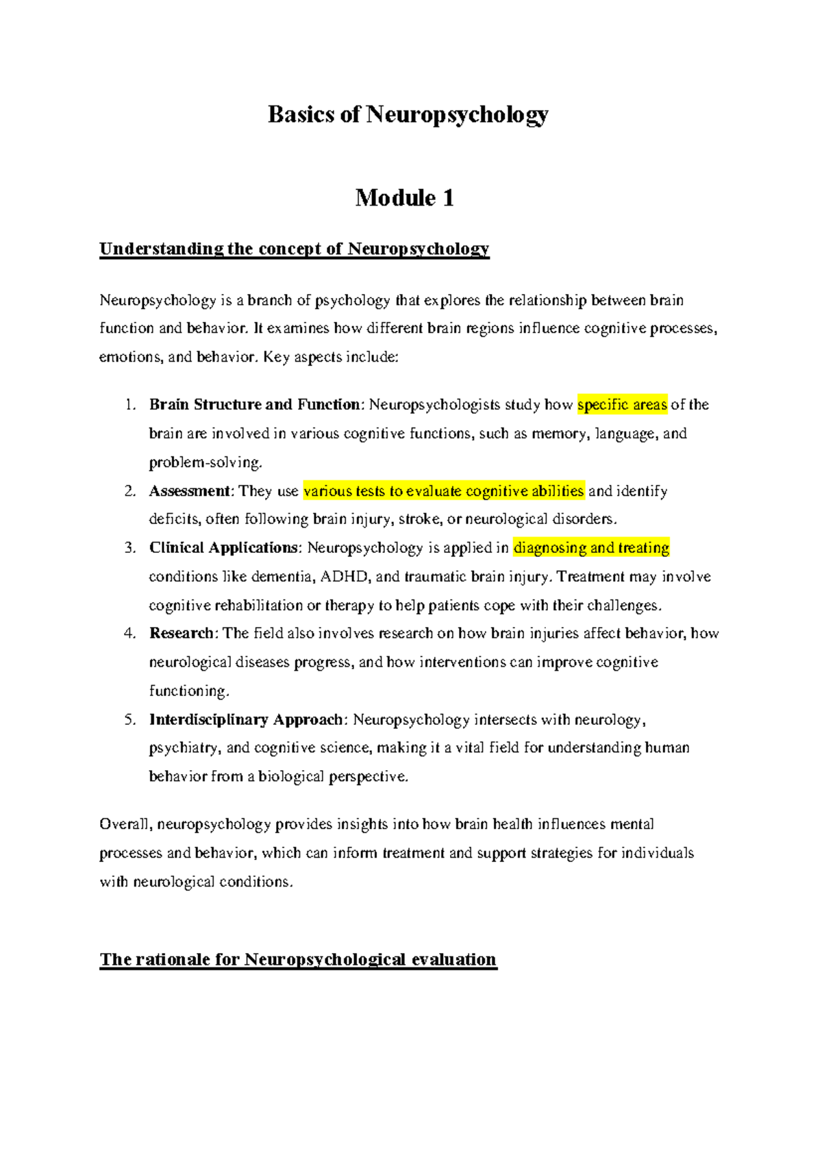 Basics of neuro psychology - Basics of Neuropsychology Module 1 ...