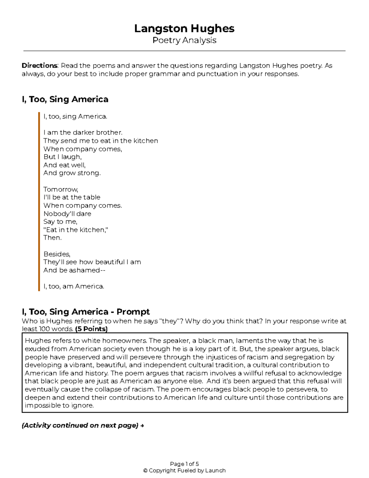 Copy of Langston Hughes - Poetry Analysis - Langston Hughes Poetry ...