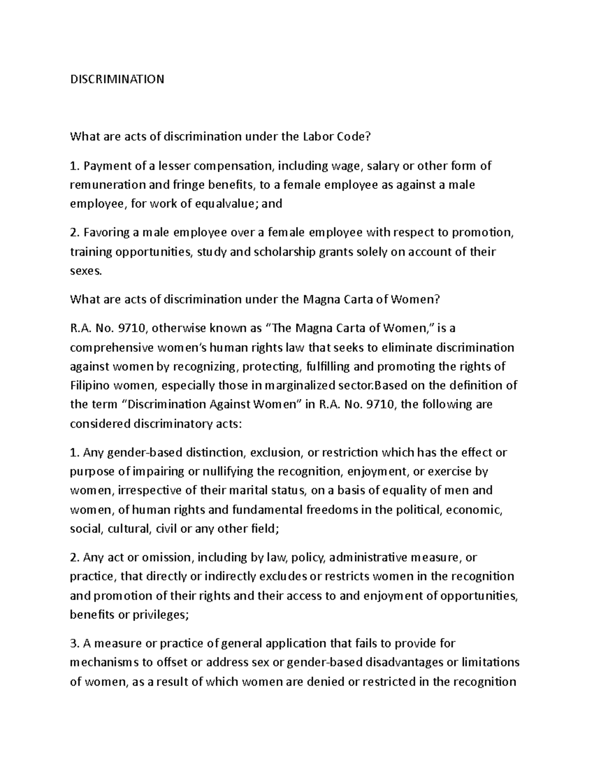 Relations 1 - Notes - DISCRIMINATION What are acts of discrimination ...