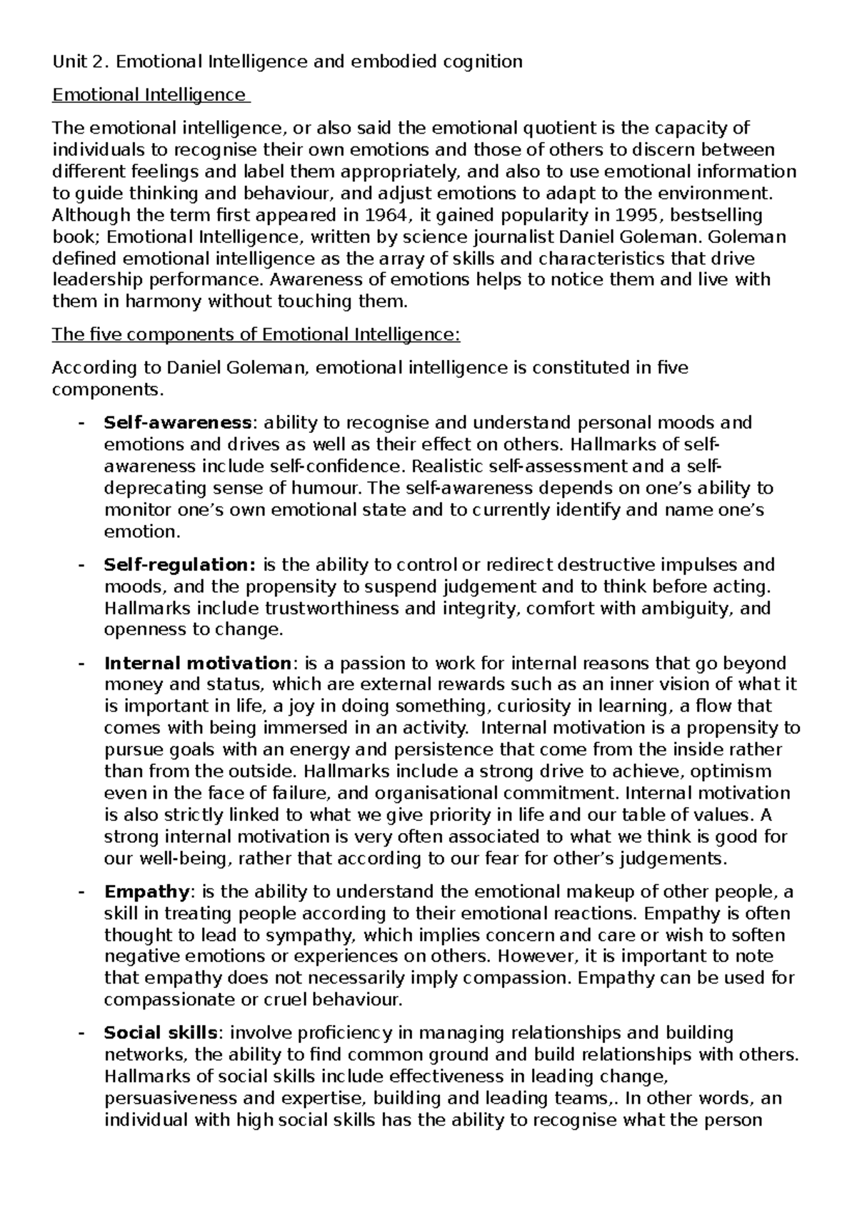 Unit 2. Emotional Intelligence and Embodied Cognition - Unit 2 ...