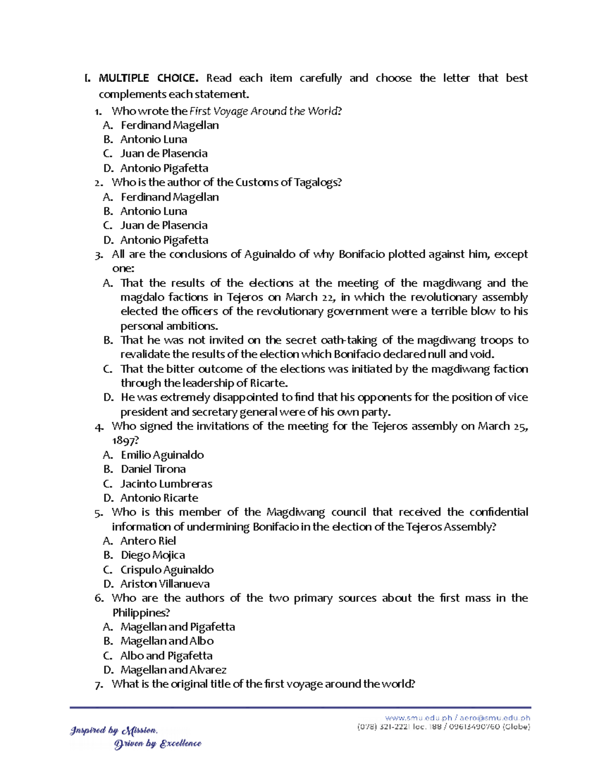 Practice Questions GHist - I. MULTIPLE CHOICE. Read each item carefully ...