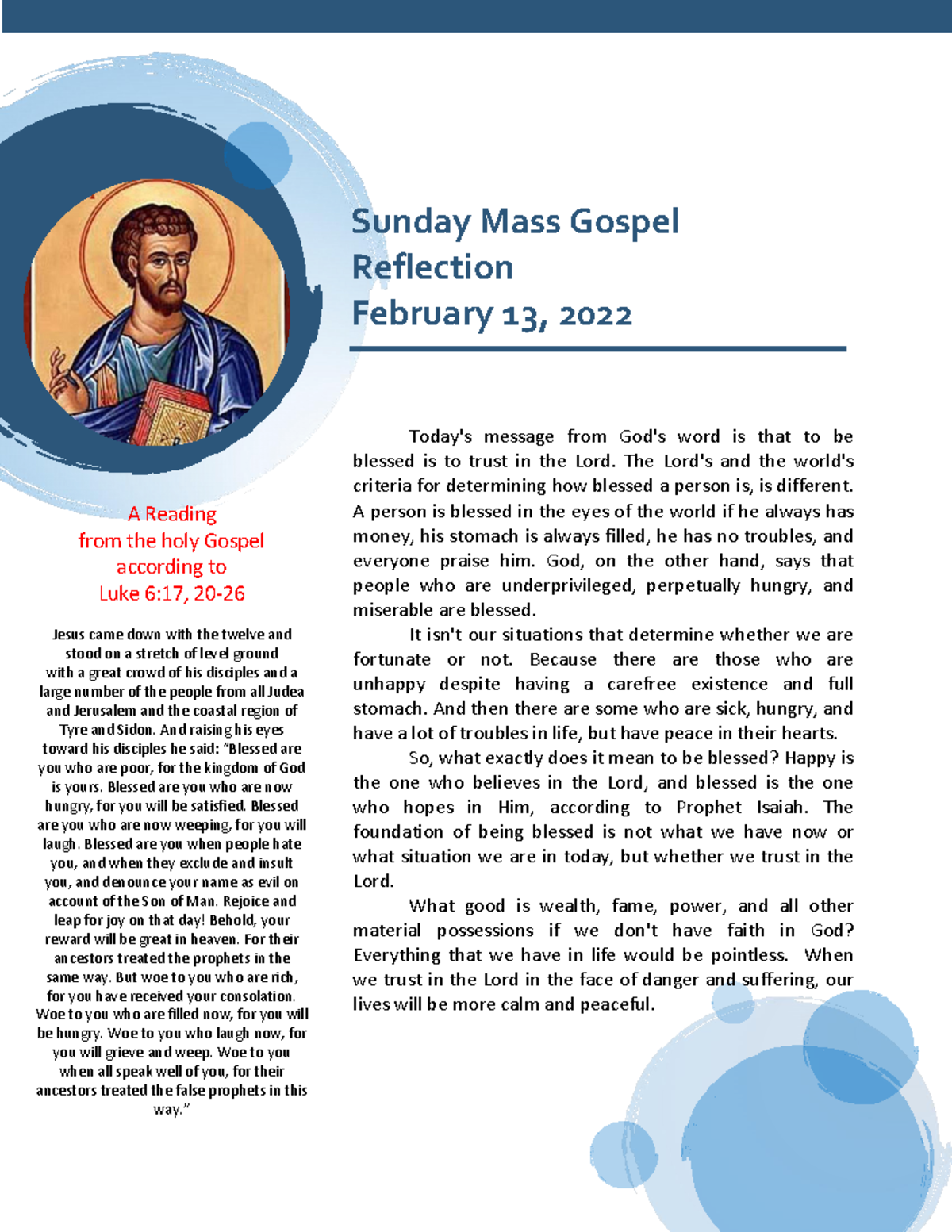 February 13 Sunday Mass Gospel Reflection - A Reading from the holy ...