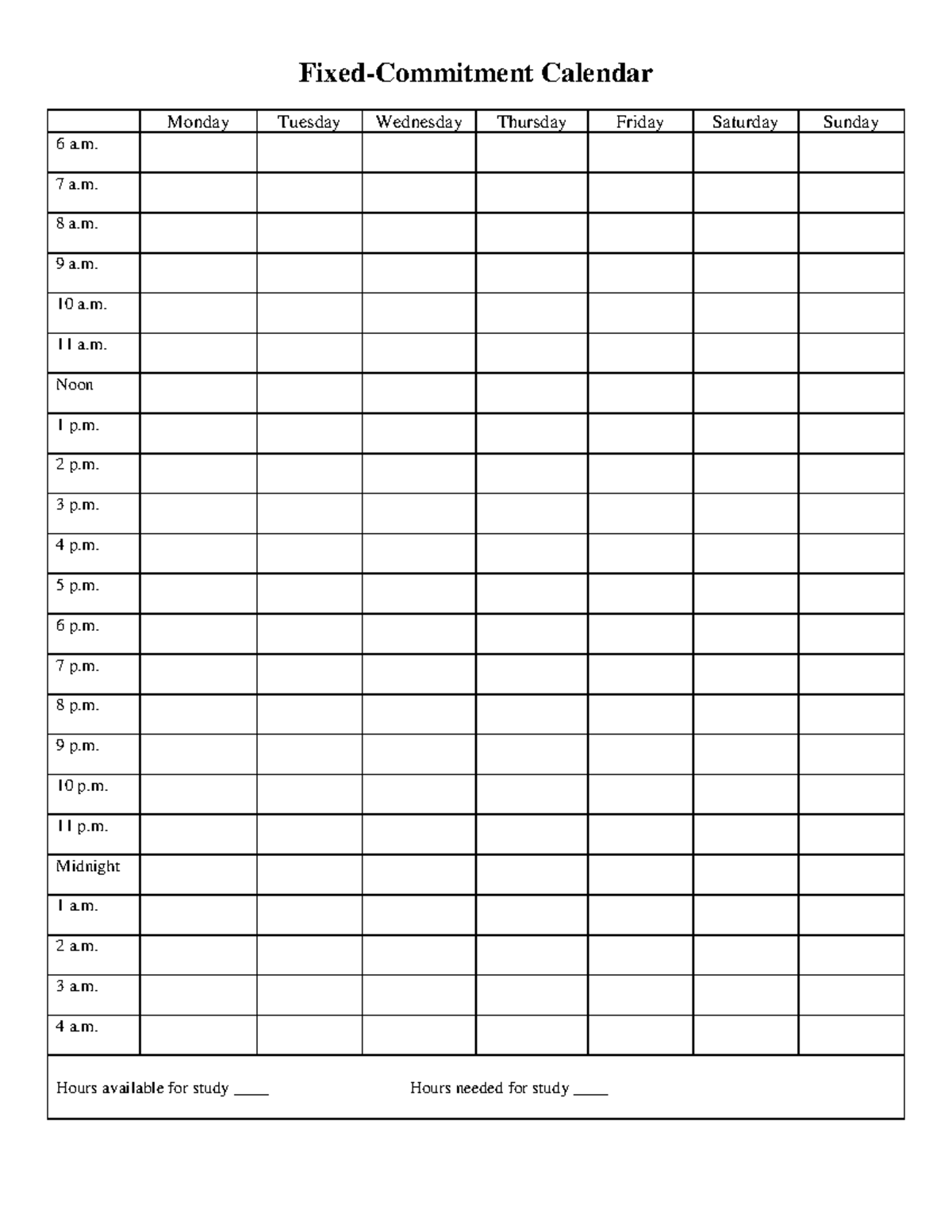 4 Fixed-commitment-calendar - Study Skills - Fixed-Commitment Calendar Monday Tuesday Wednesday ...