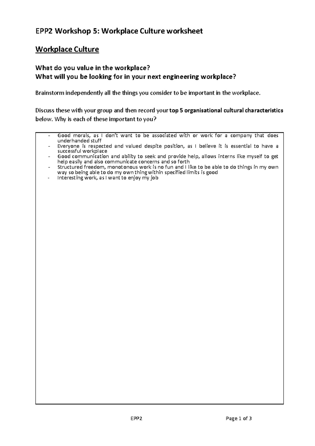 EPP2 Workshop 5 Worksheet - EPP2 Page 1 of 3 EPP2 Workshop 5: Workplace ...