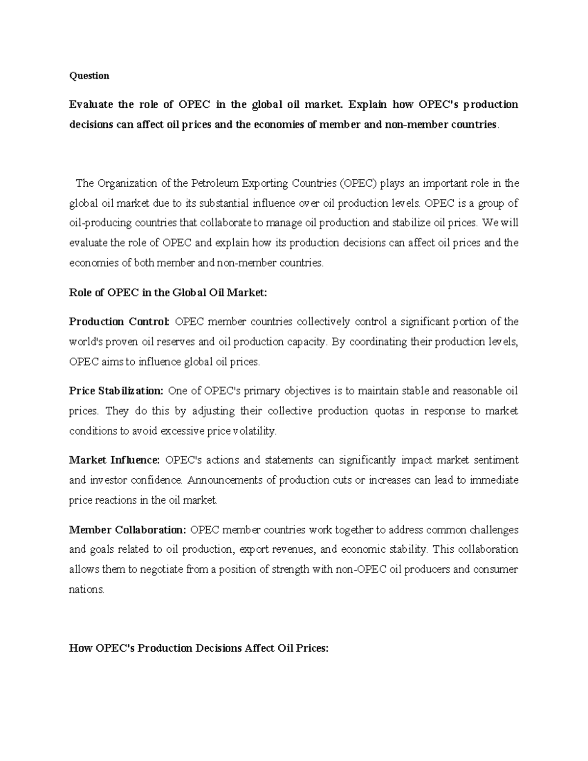 Energy OPEC Part 2 - opec - Question Evaluate the role of OPEC in the ...