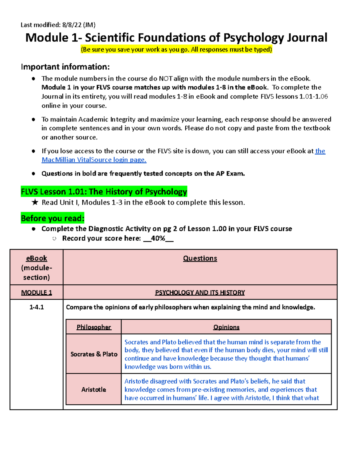 Copy of Mod 1 Journal - Module 1- Scientific Foundations of Psychology ...