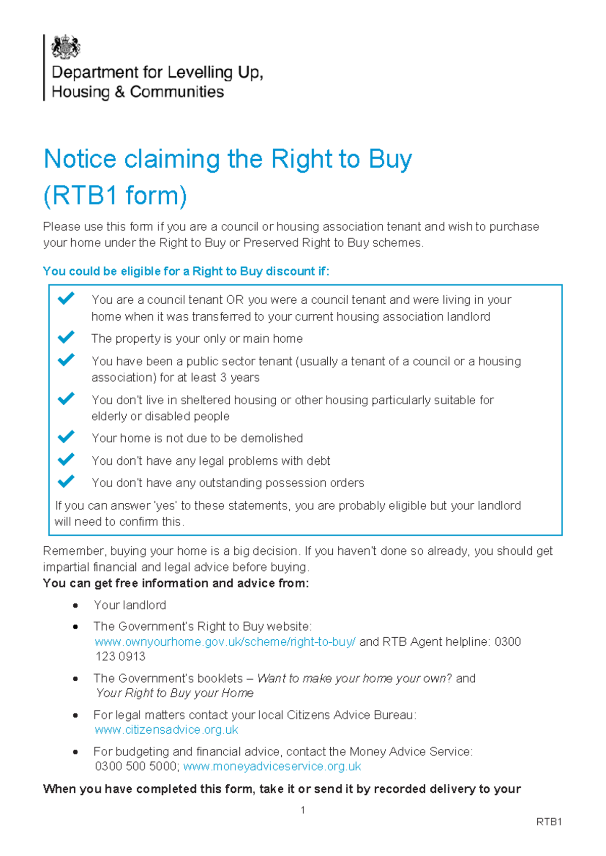 RTB1-form Dluhc - Rtb1 - 1 Notice claiming the Right to Buy (RTB1 form ...