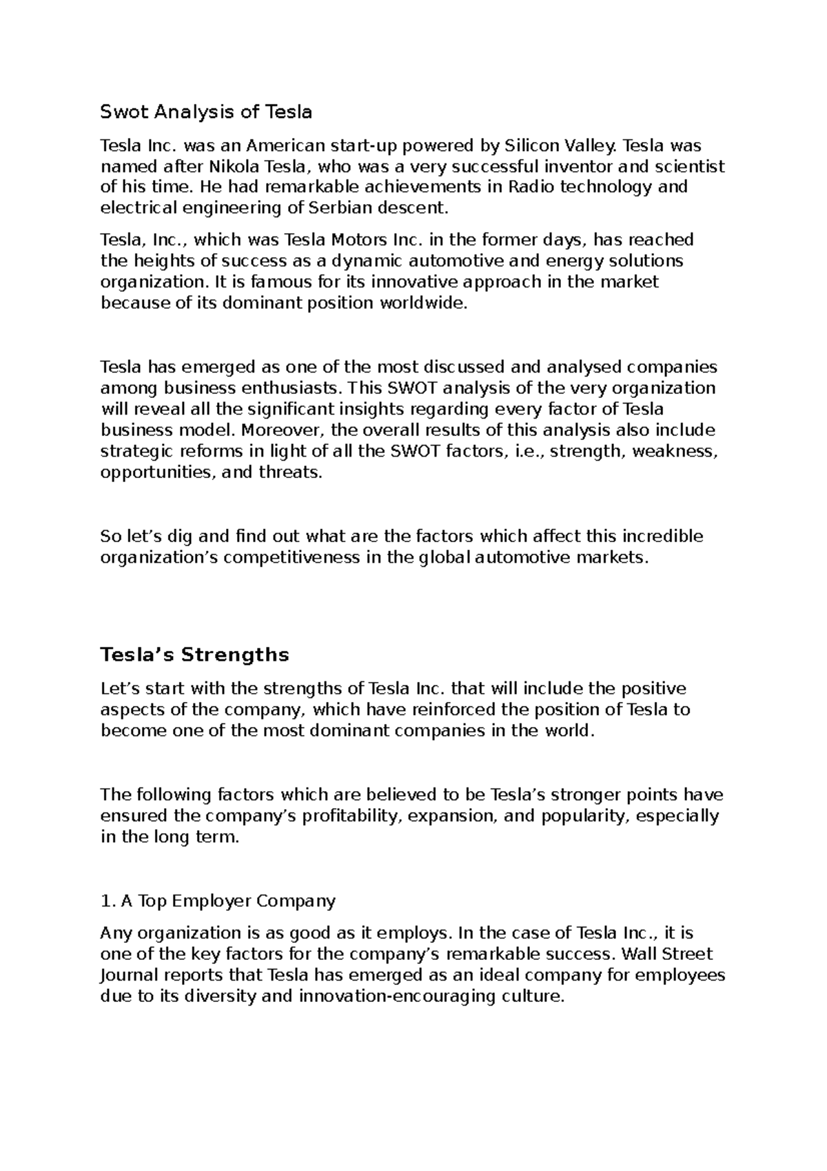 Swot Analysis of Tesla - Swot Analysis of Tesla Tesla Inc. was an ...