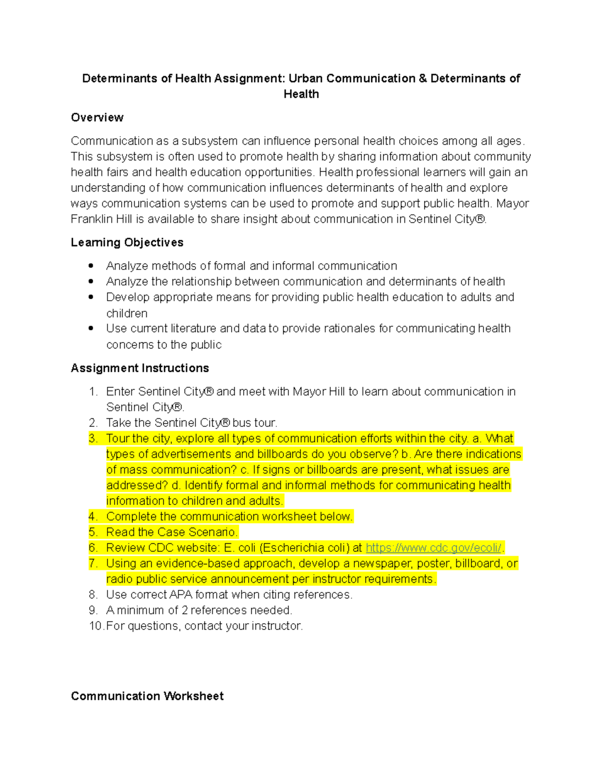 Sentinel assig. 1 urban communication - Determinants of Health Assignment: Urban Communication ...