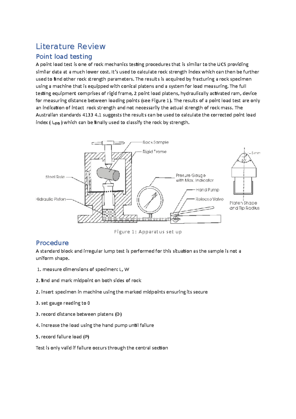 Point Load Test Report v2 - Literature Review Point load testing A ...