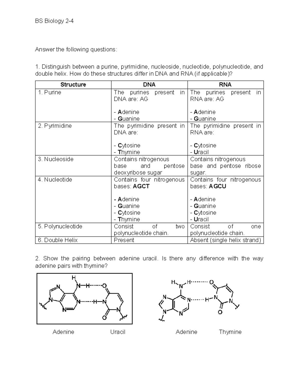 Genetics lecture - BS Biology 2- Answer the following questions ...