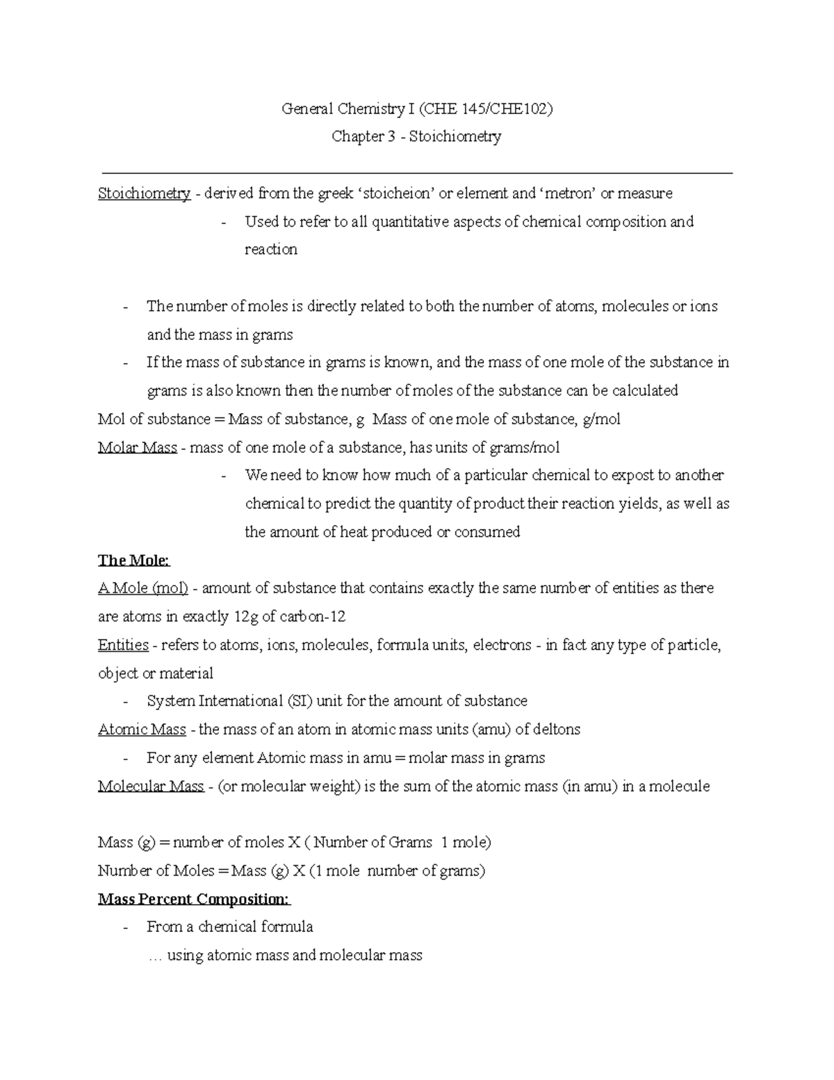 General Chemistry I - Chapter 3 - General Chemistry I (CHE 145/CHE102 ...