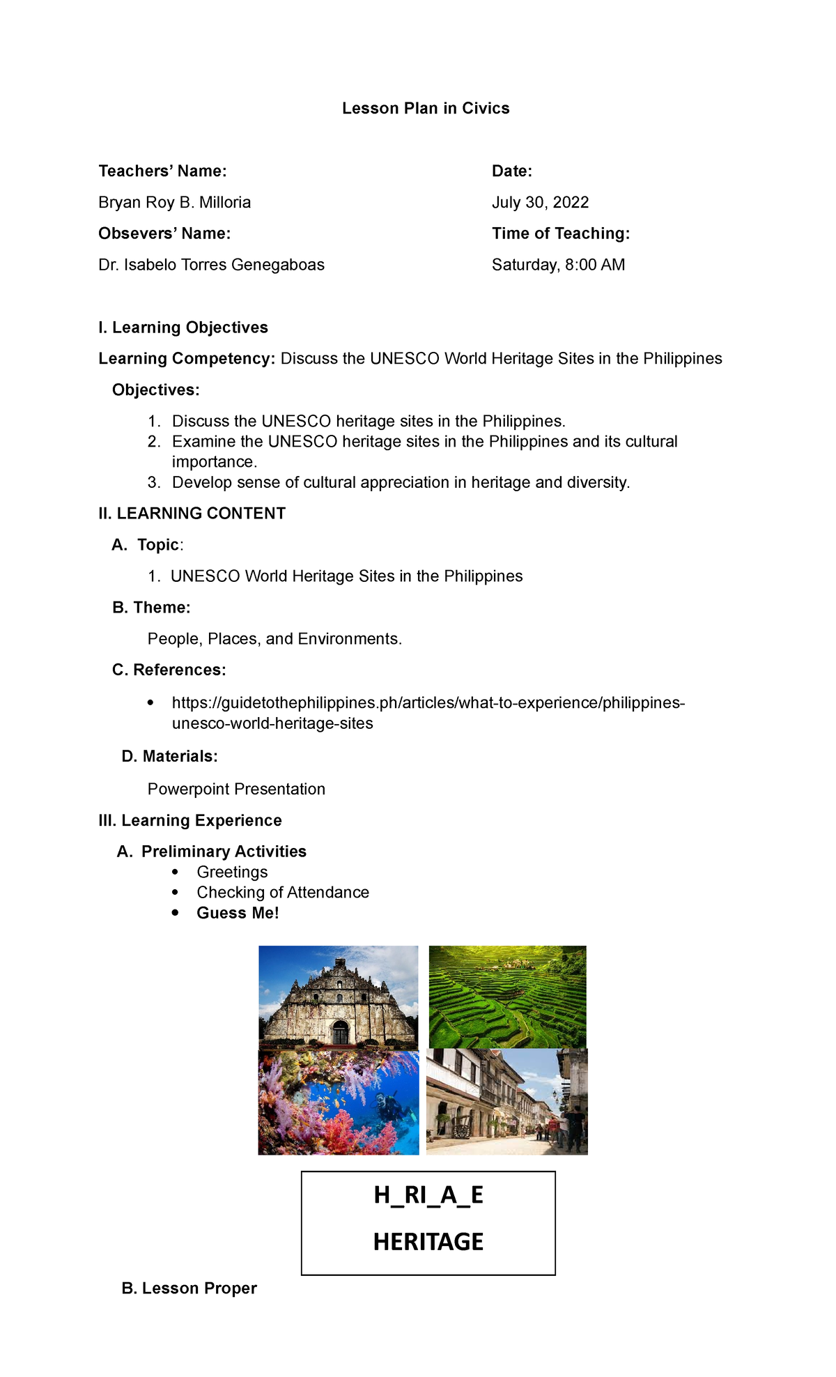 Unesco Lesson PLAN - Lesson Plan in Civics Teachers’ Name: Date: Bryan ...