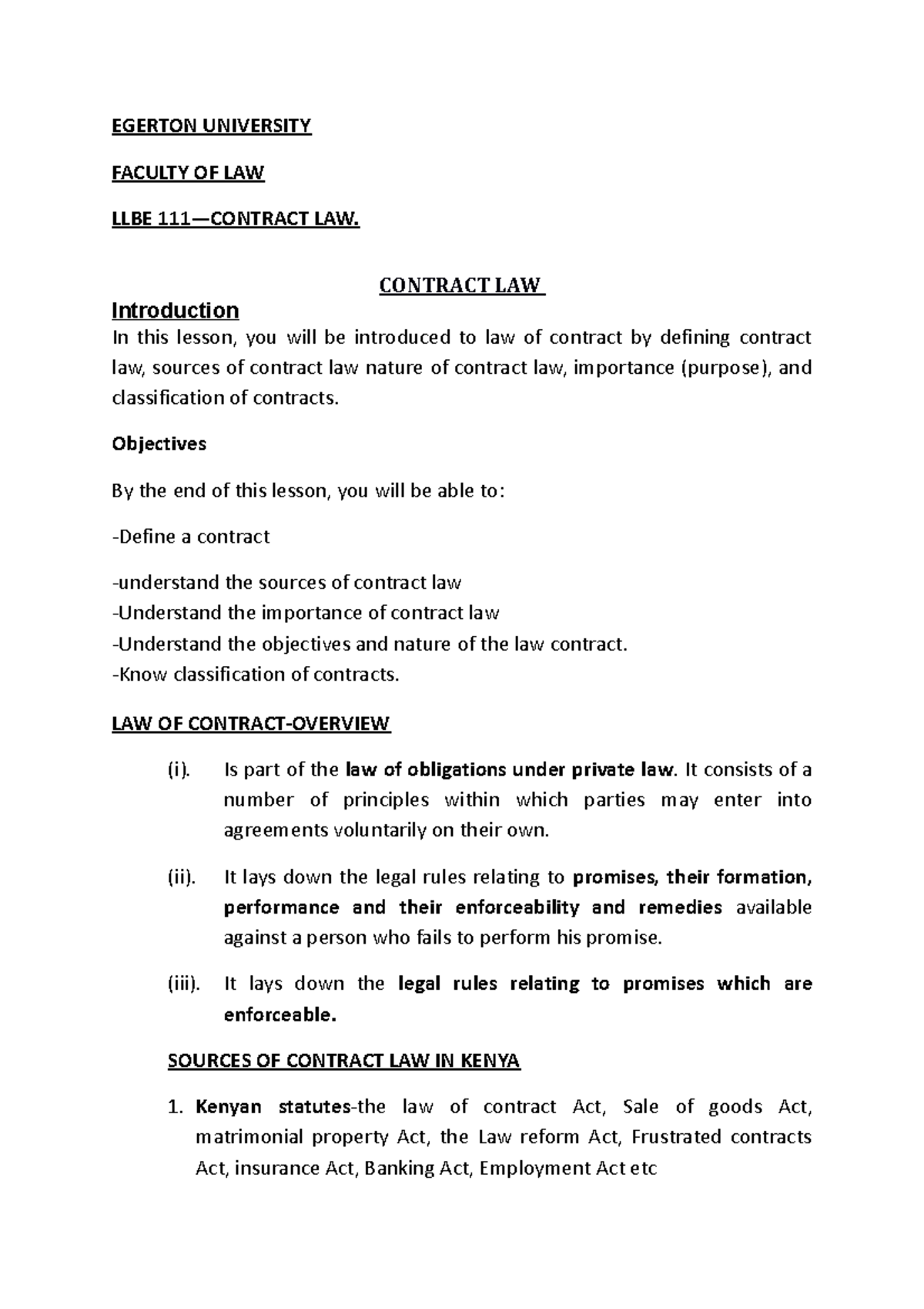 Contract LAW- Lesson ONE- Introduction AND Offer-JUNE 2017 - EGERTON ...