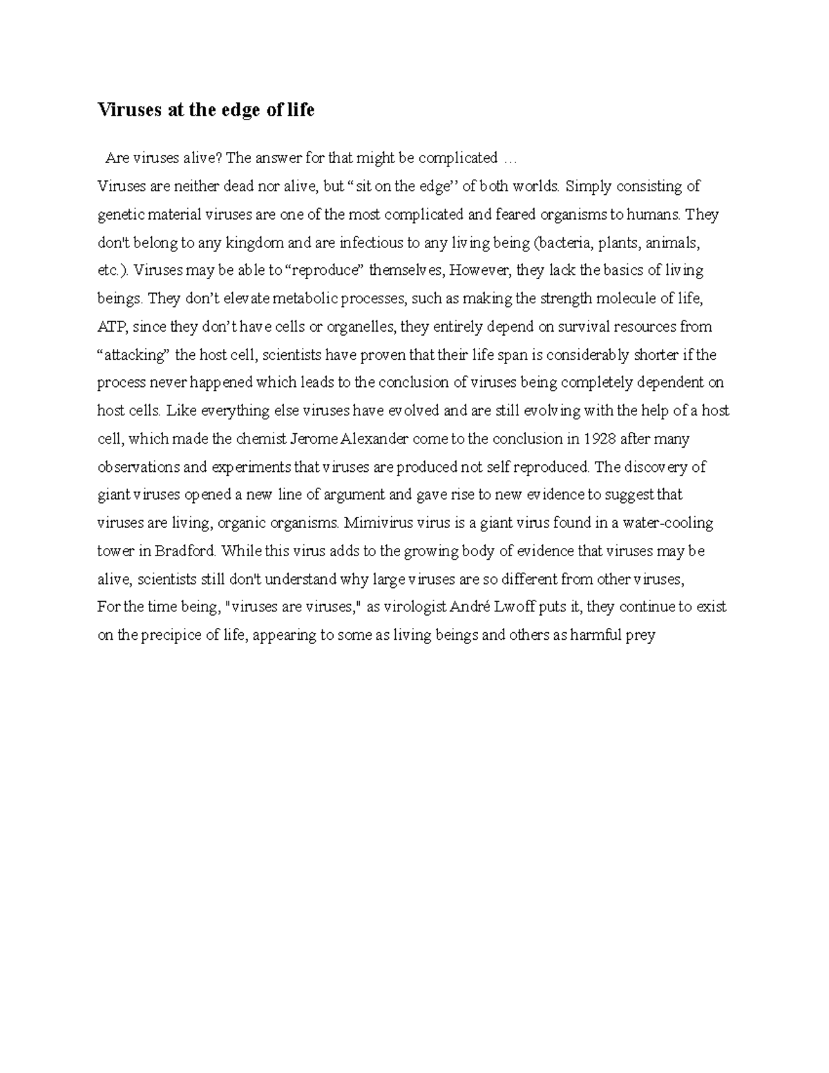 Report - Online Activity 1 - Viruses at the edge of life Are viruses ...