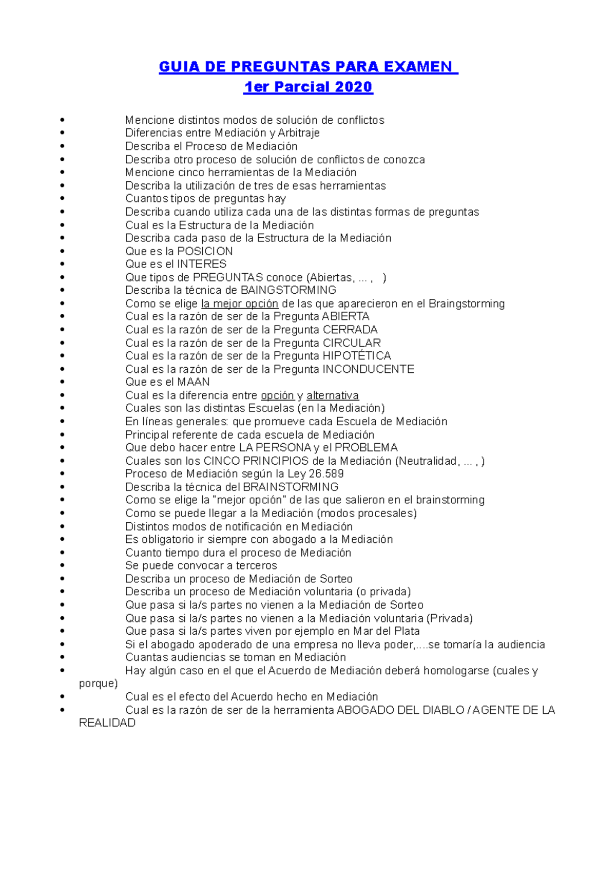 GUIA DE Preguntas 1er Parcial - GUIA DE PREGUNTAS PARA EXAMEN 1er Parcial 2020 Mencione ...