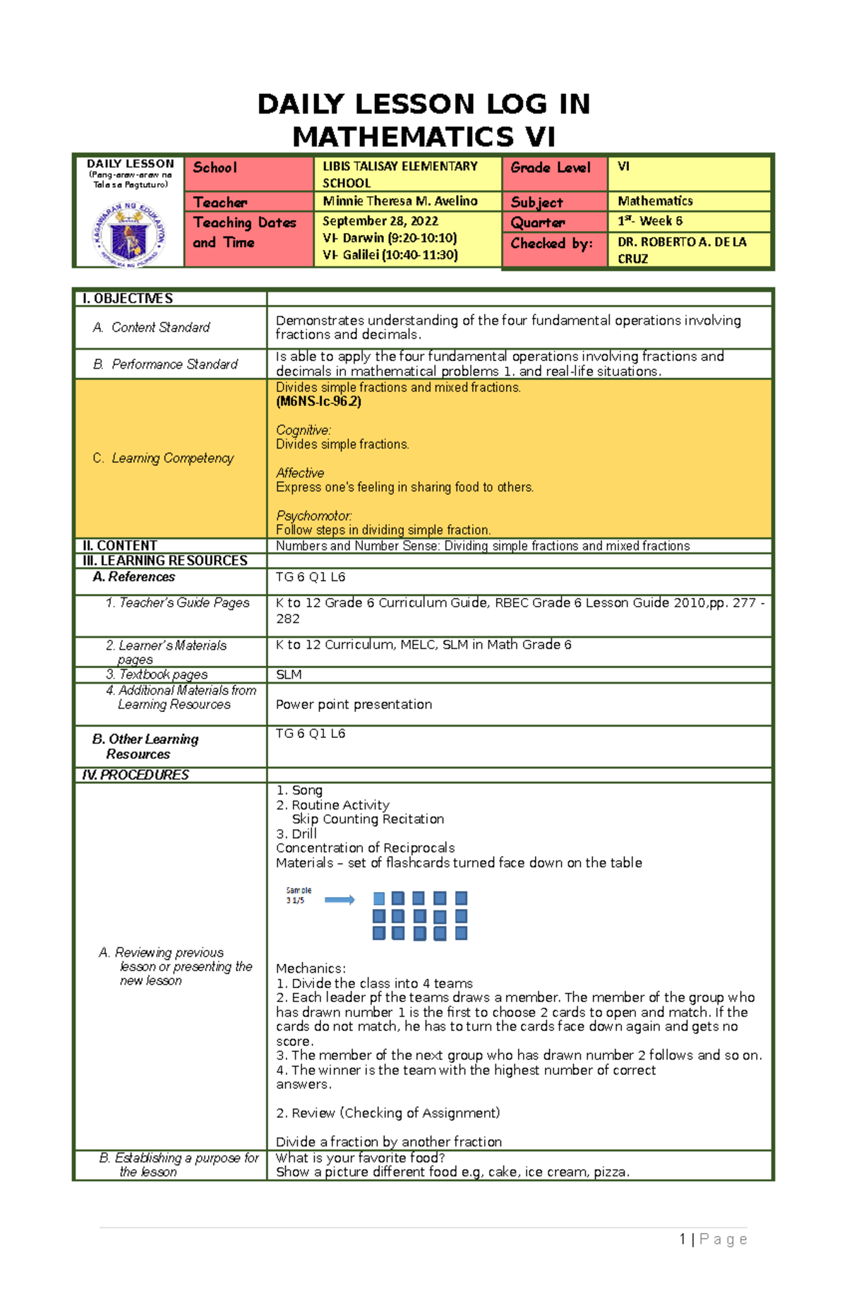 Math 6 DLL Q1 Wk 6 Day 1 - DAILY LESSON LOG IN MATHEMATICS VI DAILY ...