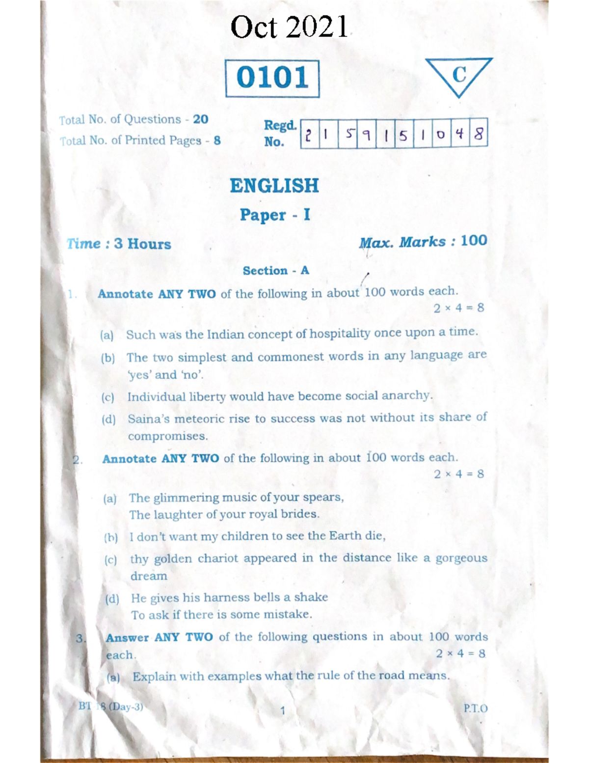 Toppers’ Papers Oct 2021 - 0101 Total No. of Questions - 20 Total No ...