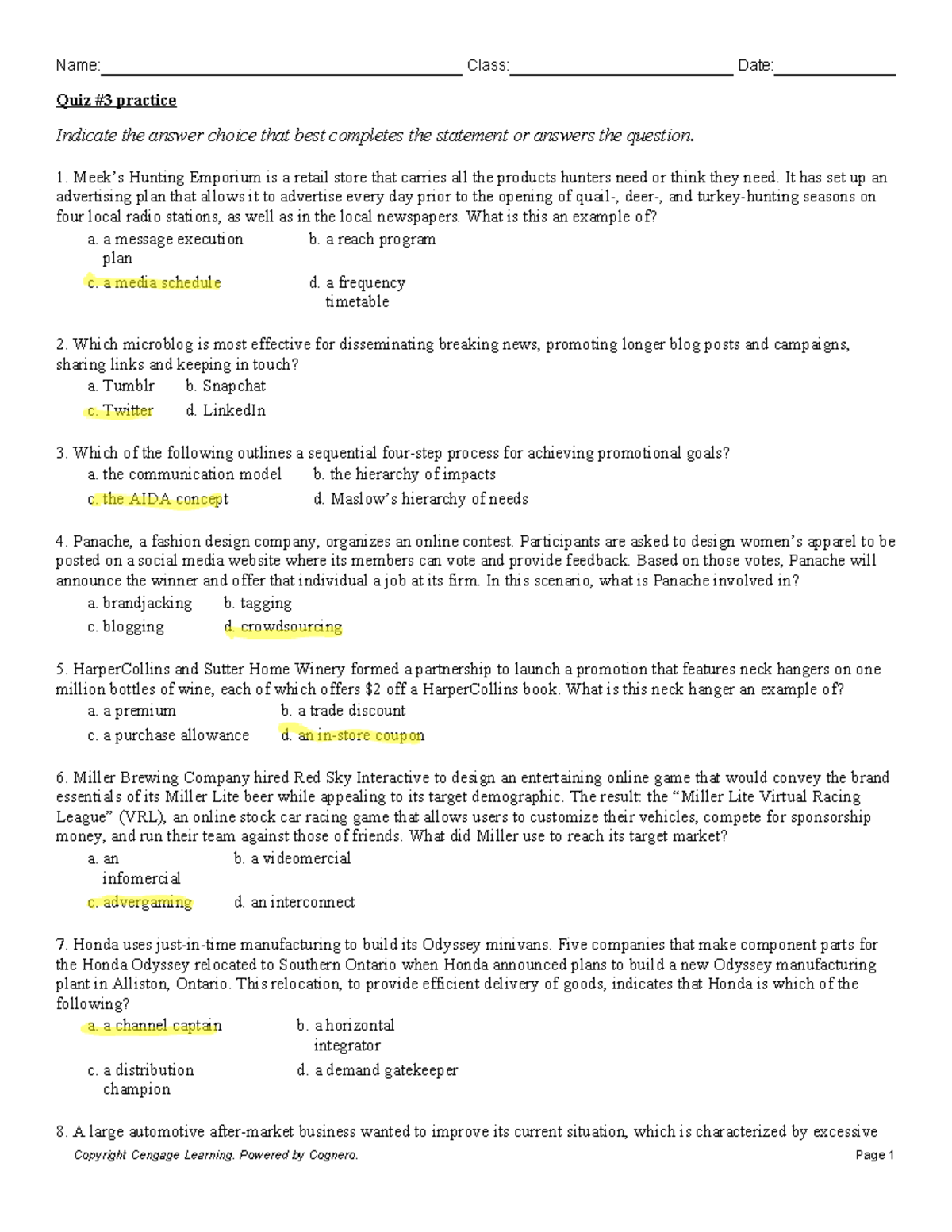 Quiz 3 practice - Example - Quiz #3 practice Indicate the answer choice ...