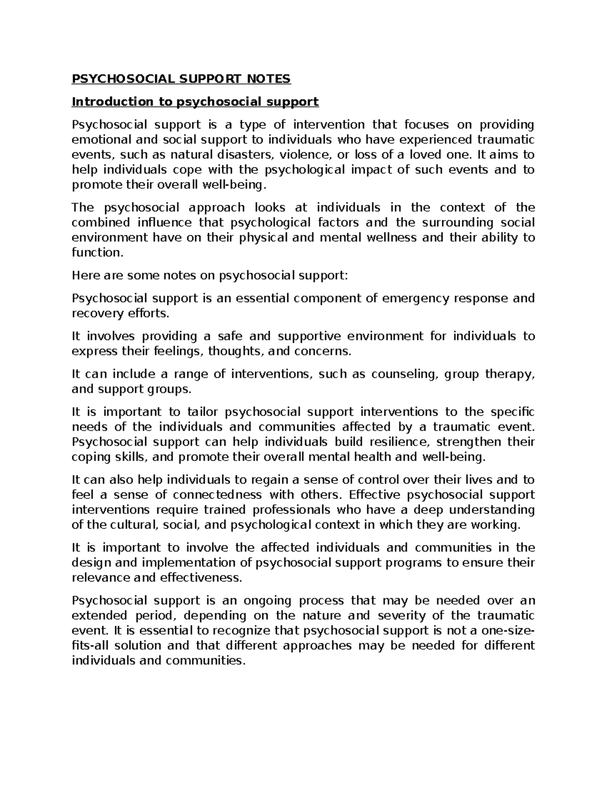 Psychosocial support notes - PSYCHOSOCIAL SUPPORT NOTES Introduction to ...