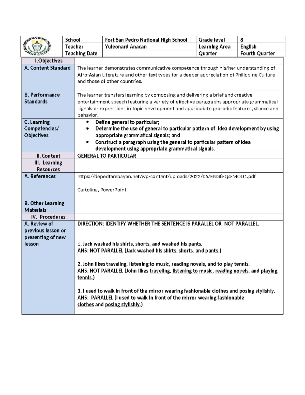 Cause and Effect Lesson Plan - School Fort San Pedro National High ...