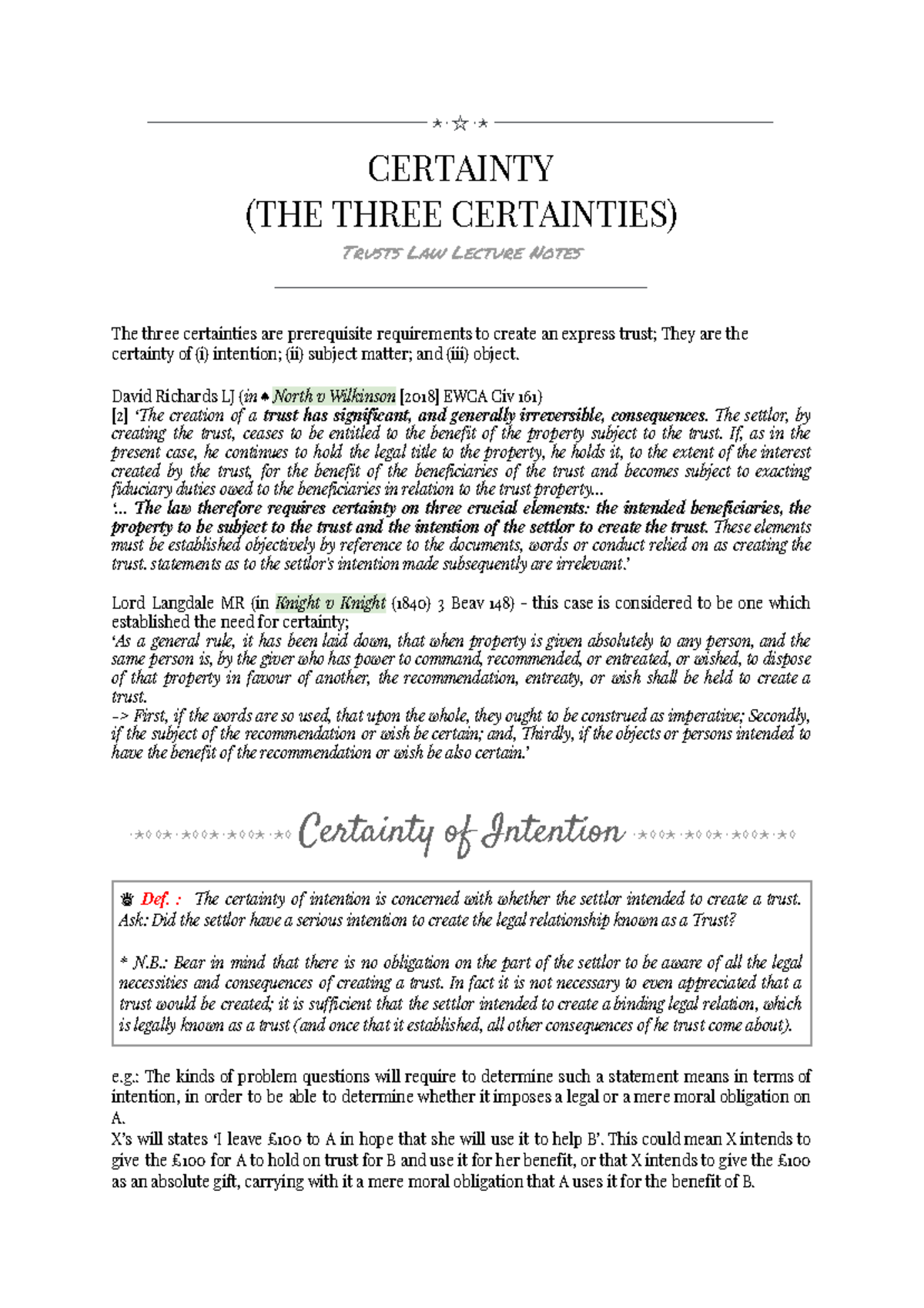 Trusts - Certainty - ─────────────── ⋆⋅☆⋅⋆ ─────────────── CERTAINTY (THE THREE CERTAINTIES ...