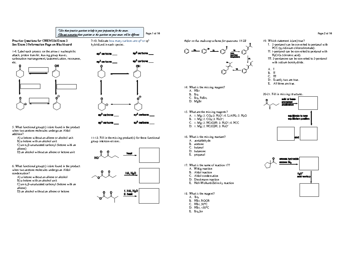 CHEM 334 Practice Exam 3 - Page 1 of 10 Practice Questions for CHEM334 ...