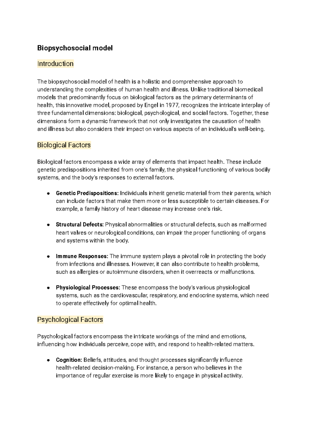 Biopsychosocial model (unit 1) - Biopsychosocial model Introduction The ...