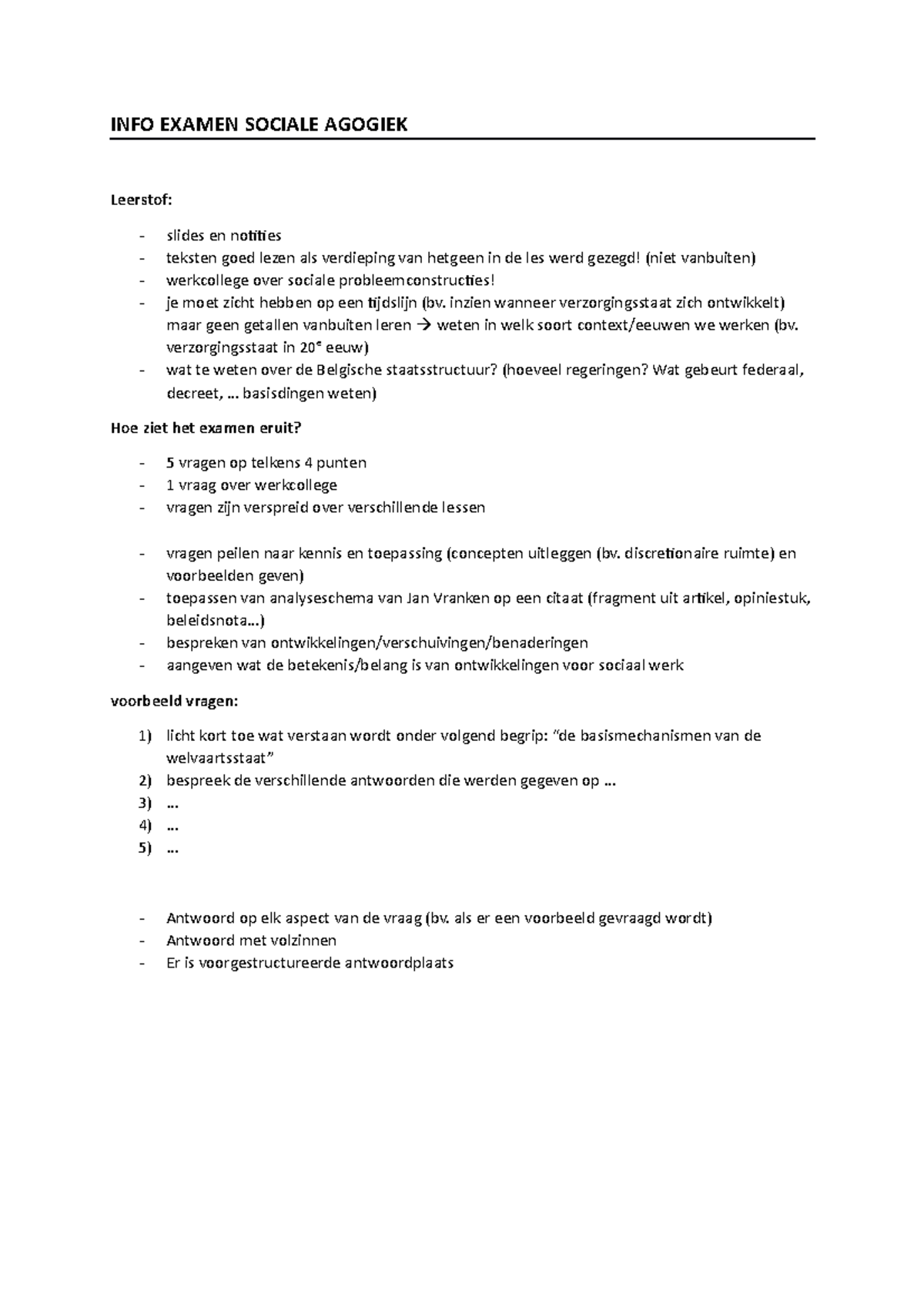 INFO Examen Sociale Agogiek - INFO EXAMEN SOCIALE AGOGIEK Leerstof ...