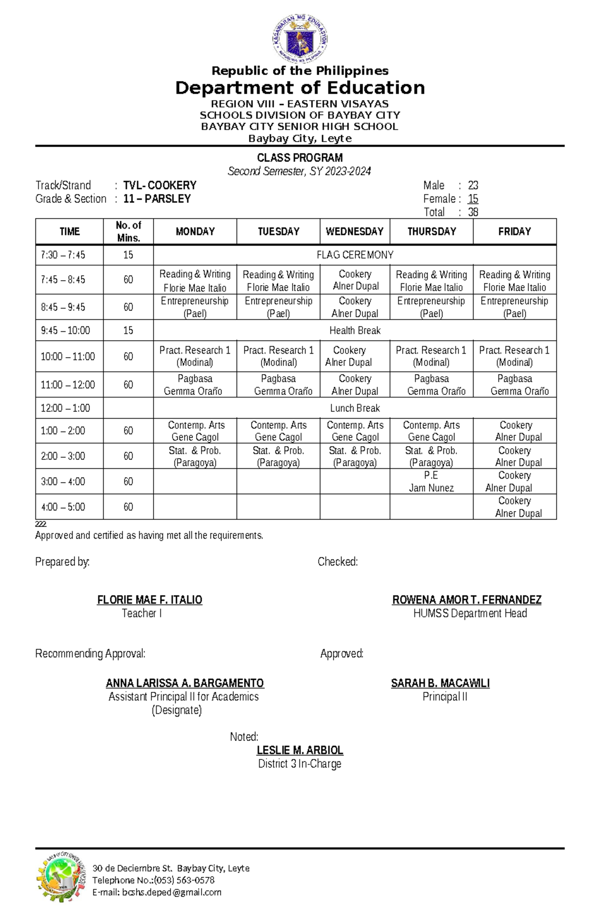 Class Program ( Parsley Second SEM - Republic of the Philippines ...