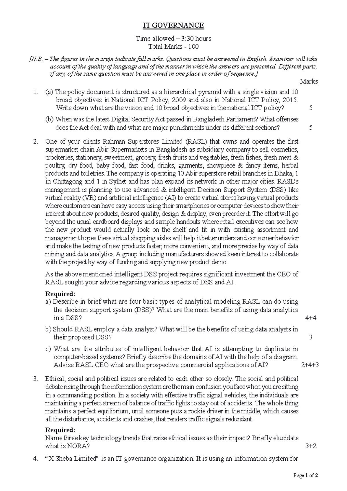 88317 IT Governance 2019 - Page 1 of 2 IT GOVERNANCE Time allowed – 3 :30 hours Total Marks ...