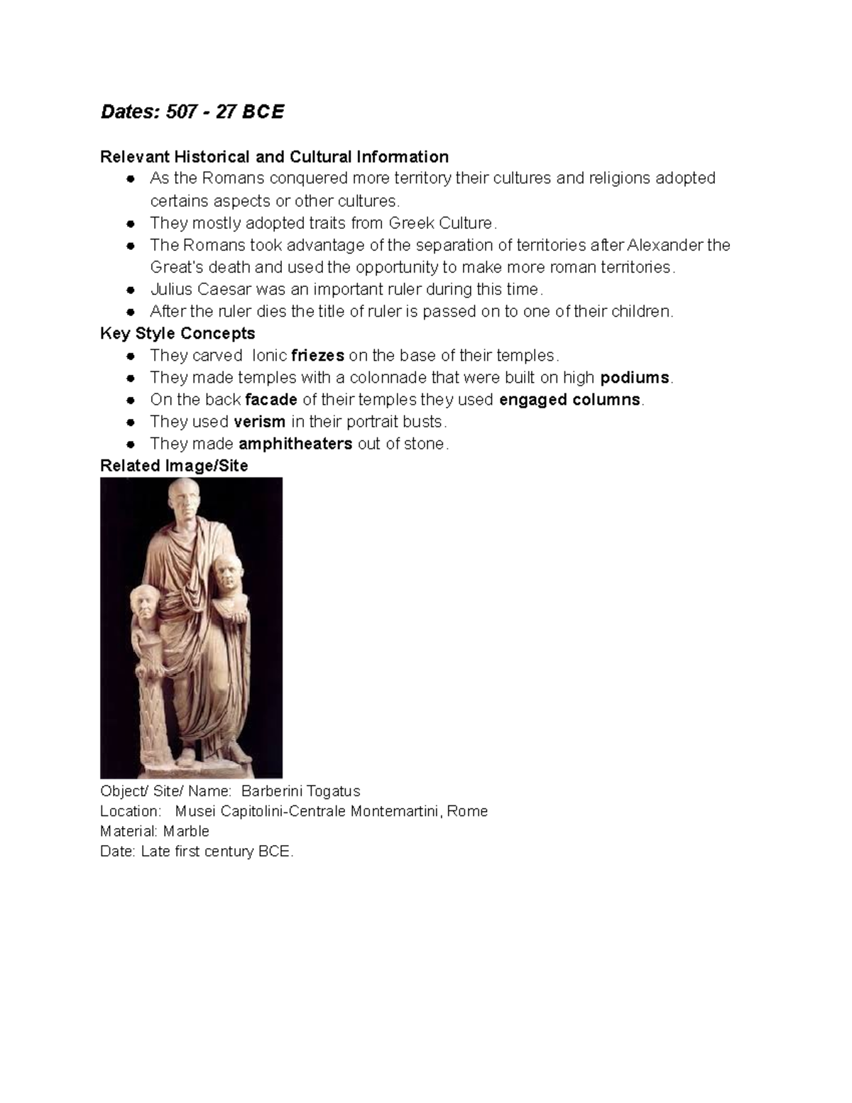 Chapter 18 Art of the Roman Republic - Dates: 507 - 27 BCE Relevant ...