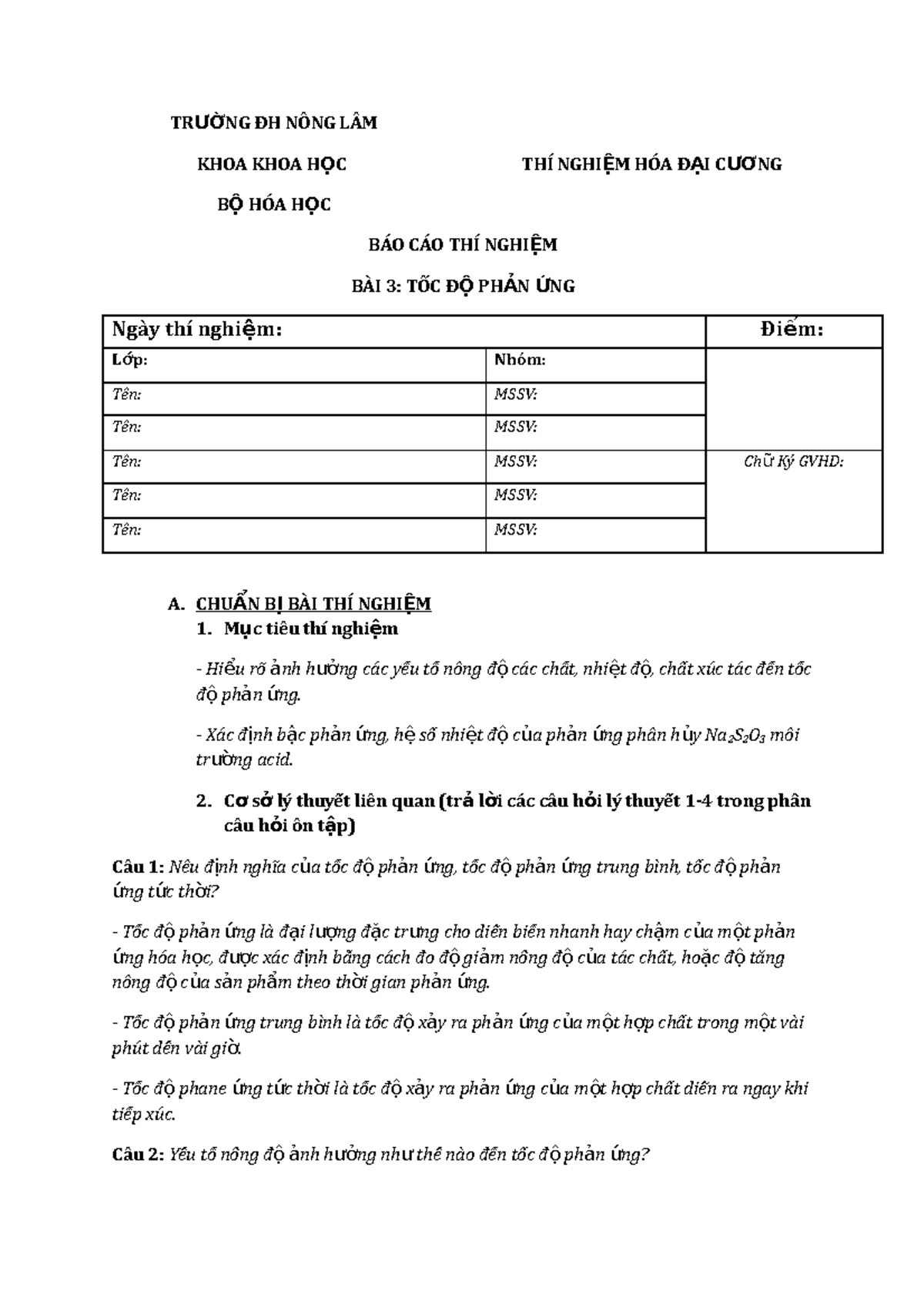 Báo cáo thực hành hóa - sadsadas - TR ƯỜNG ĐH NÔNG LÂM KHOA KHOA H ỌC B ...