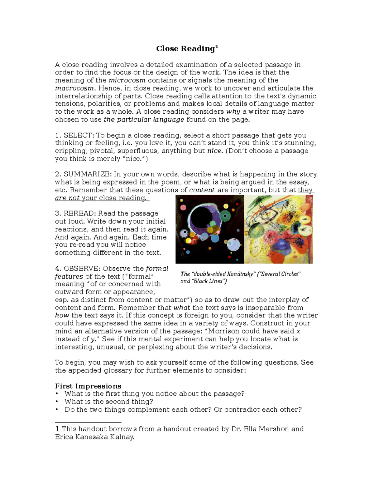 Close Reading Handout - Close Reading 1 A close reading involves a ...