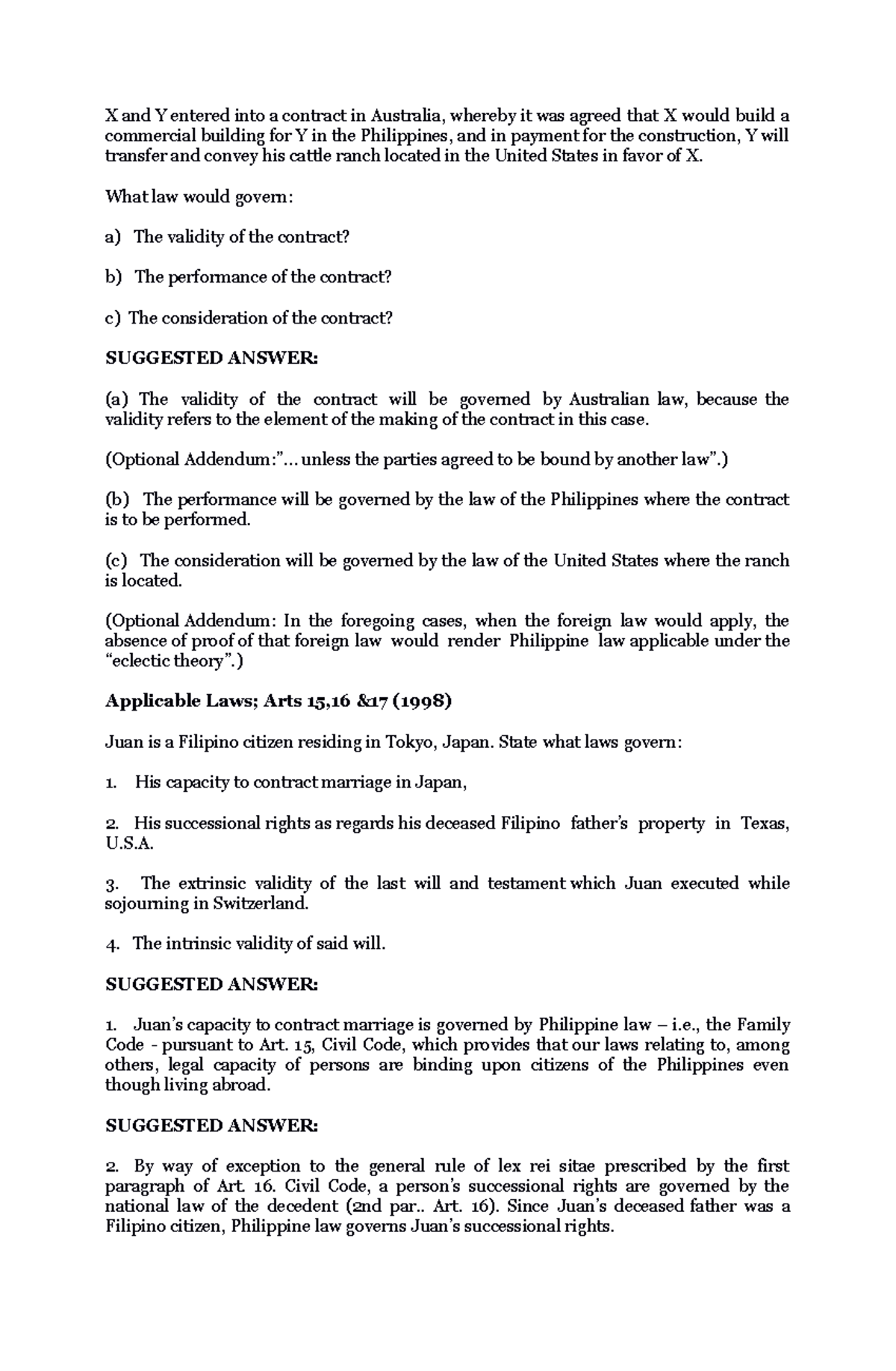 Private International Law - X and Y entered into a contract in ...