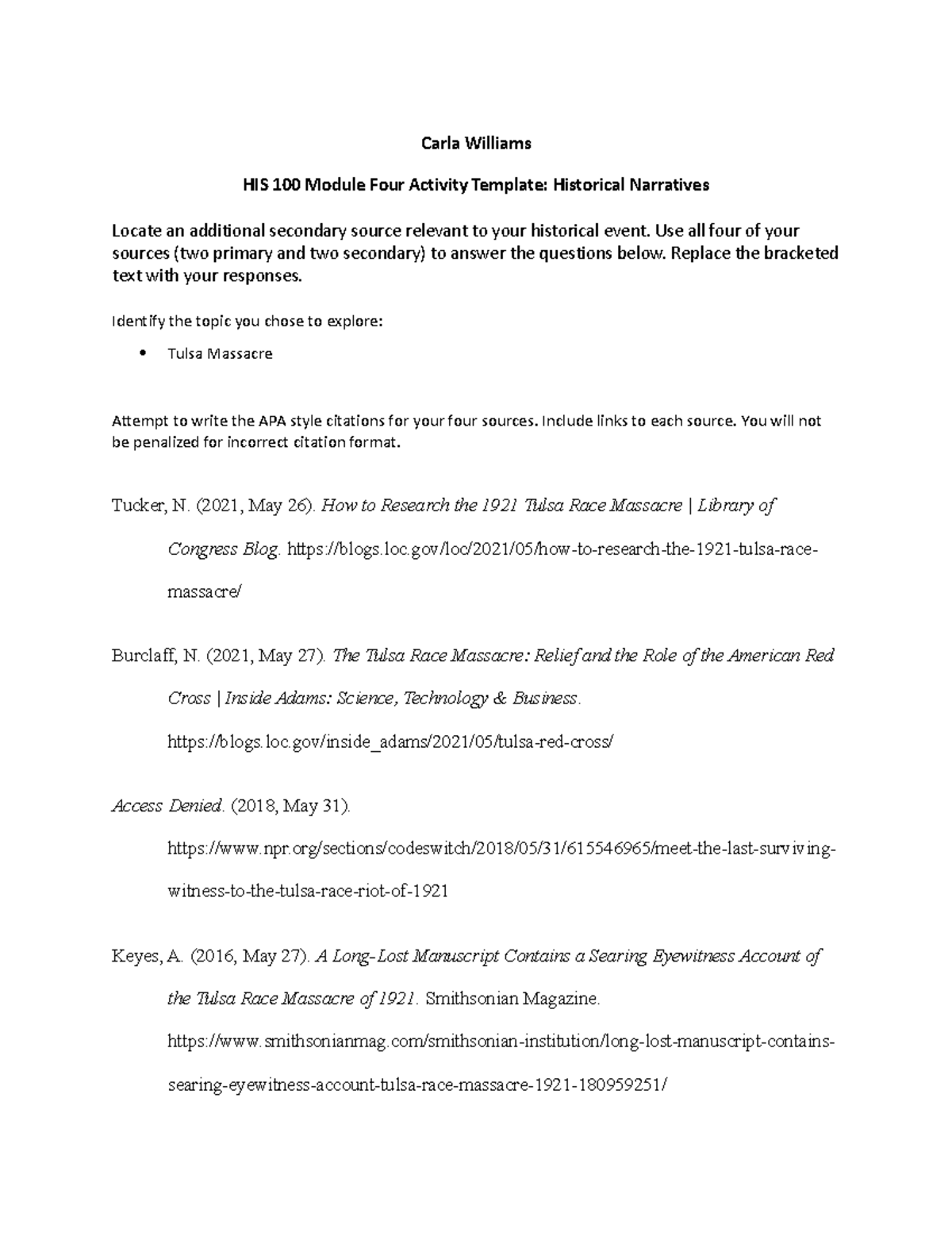 HIS 100 Module Four Activity Narratives assignment 4-2 - Carla Williams ...