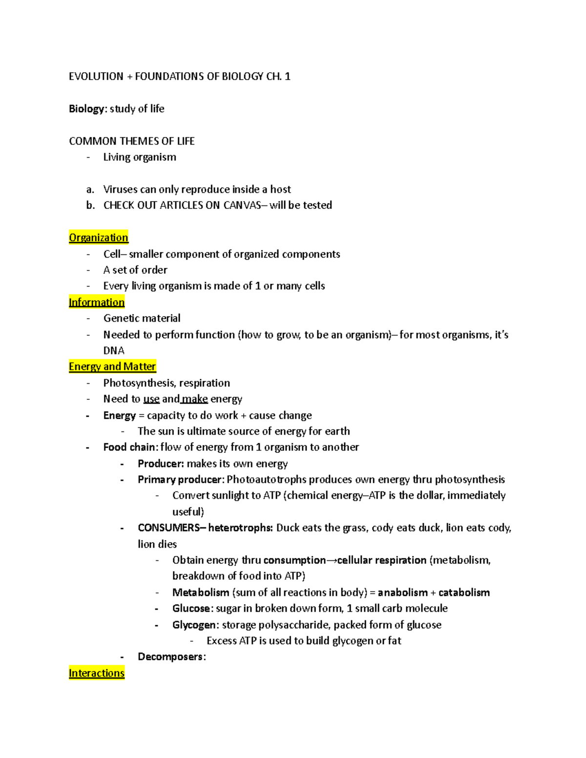 Cell1010 Ch. 1 Notes - EVOLUTION + FOUNDATIONS OF BIOLOGY CH. 1 Biology ...