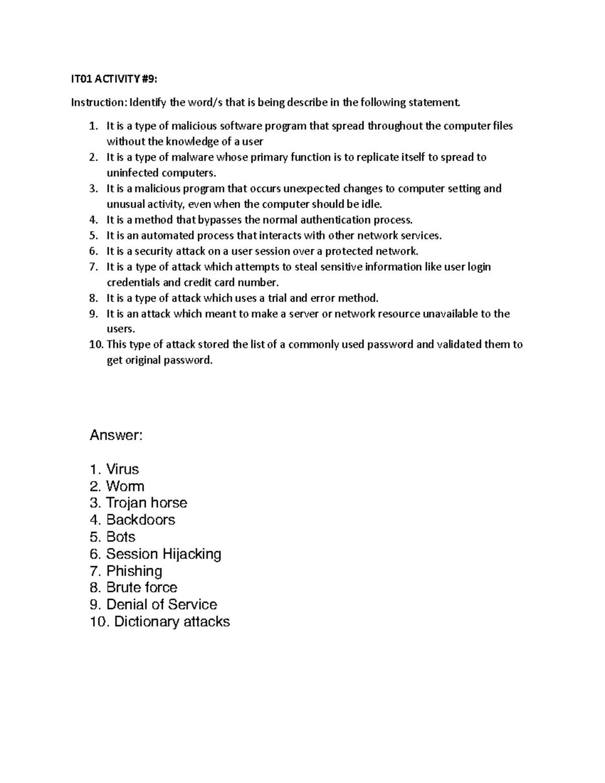 IT01 ACTIVITY 9 pdf - IT01 ACTIVITY #9: Instruction: Identify the word/s that is being describe ...