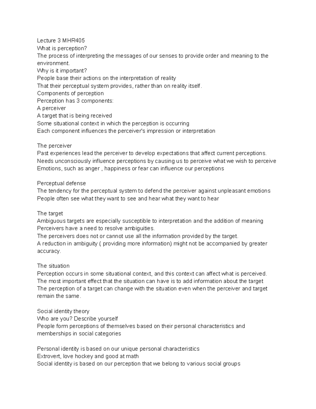 Untitled document-4 - lecture notes - Lecture 3 MHR What is perception ...