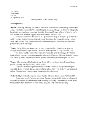Reading Journal The Odyssey Day 2 - Last Name 1 Ana Garcia Sister ...