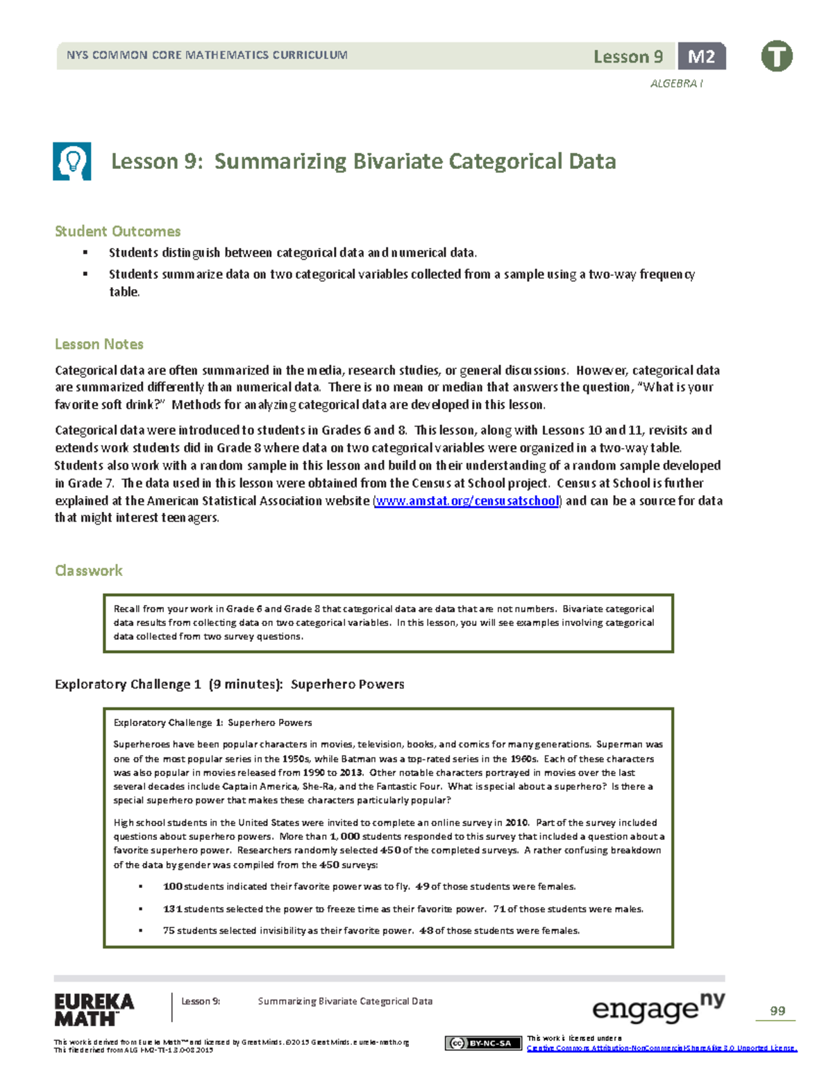 Algebra i m2 topic c lesson 9 teacher - ALGEBRA I Lesson 9: Summarizing Bivariate Categorical ...