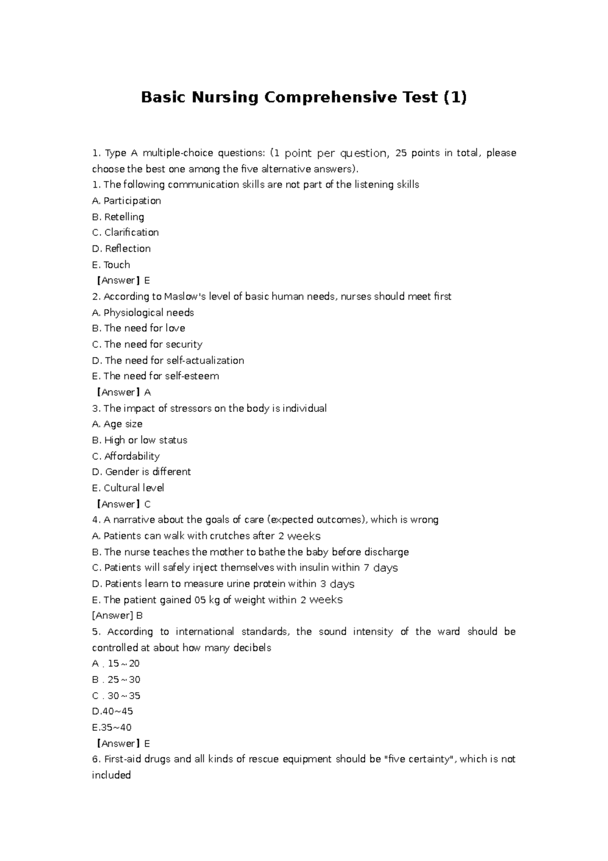 Basic Nursing Comprehensive Test (1) NURS222 - Basic Nursing ...