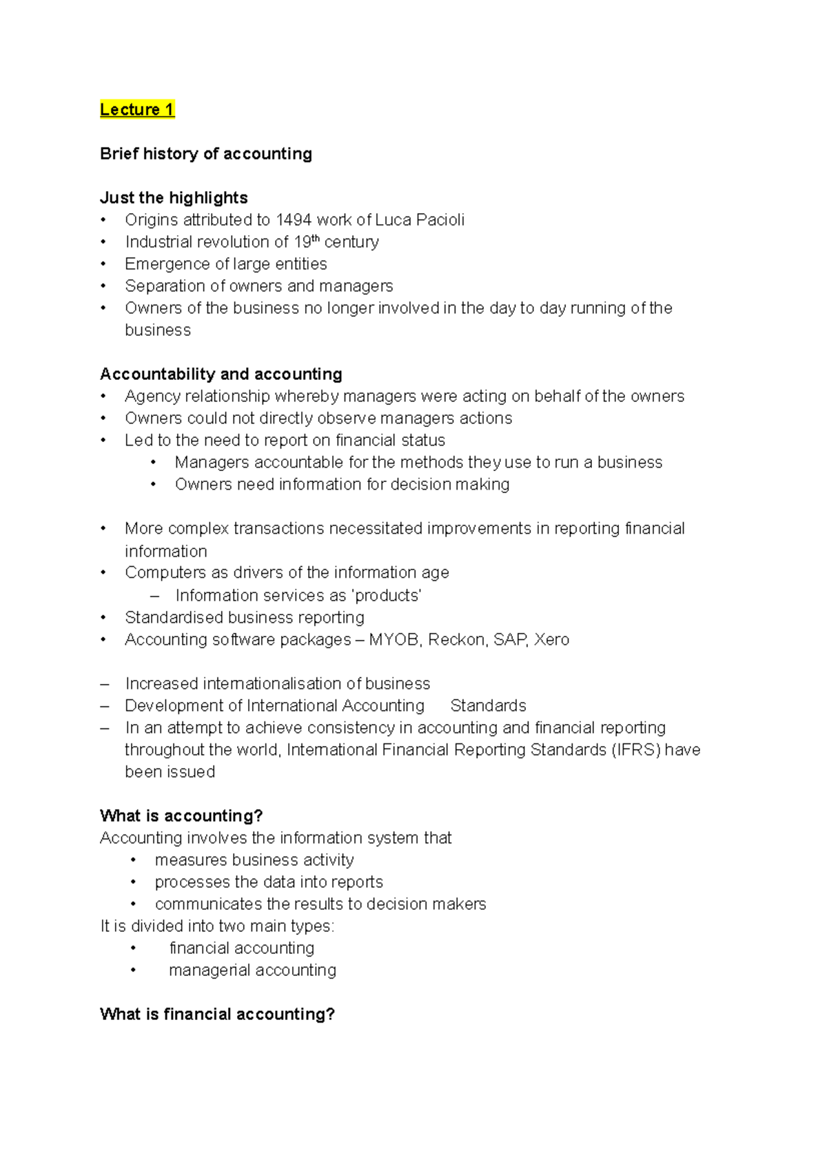 lecture notes from accounting lecture 5 - Lecture 1 Brief history of ...