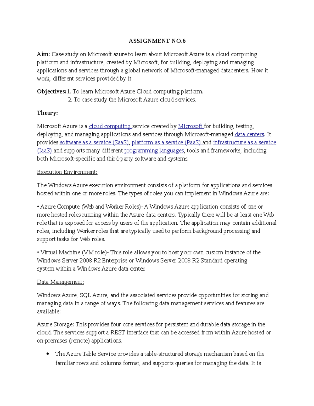 Assignment 6 - Case study on Microsoft azure to learn about Microsoft Azure is a cloud computing ...