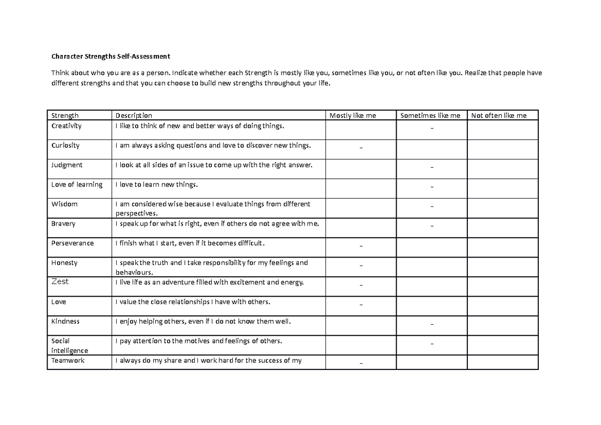 Character Strengths Self-Assessment - Indicate whether each Strength is ...